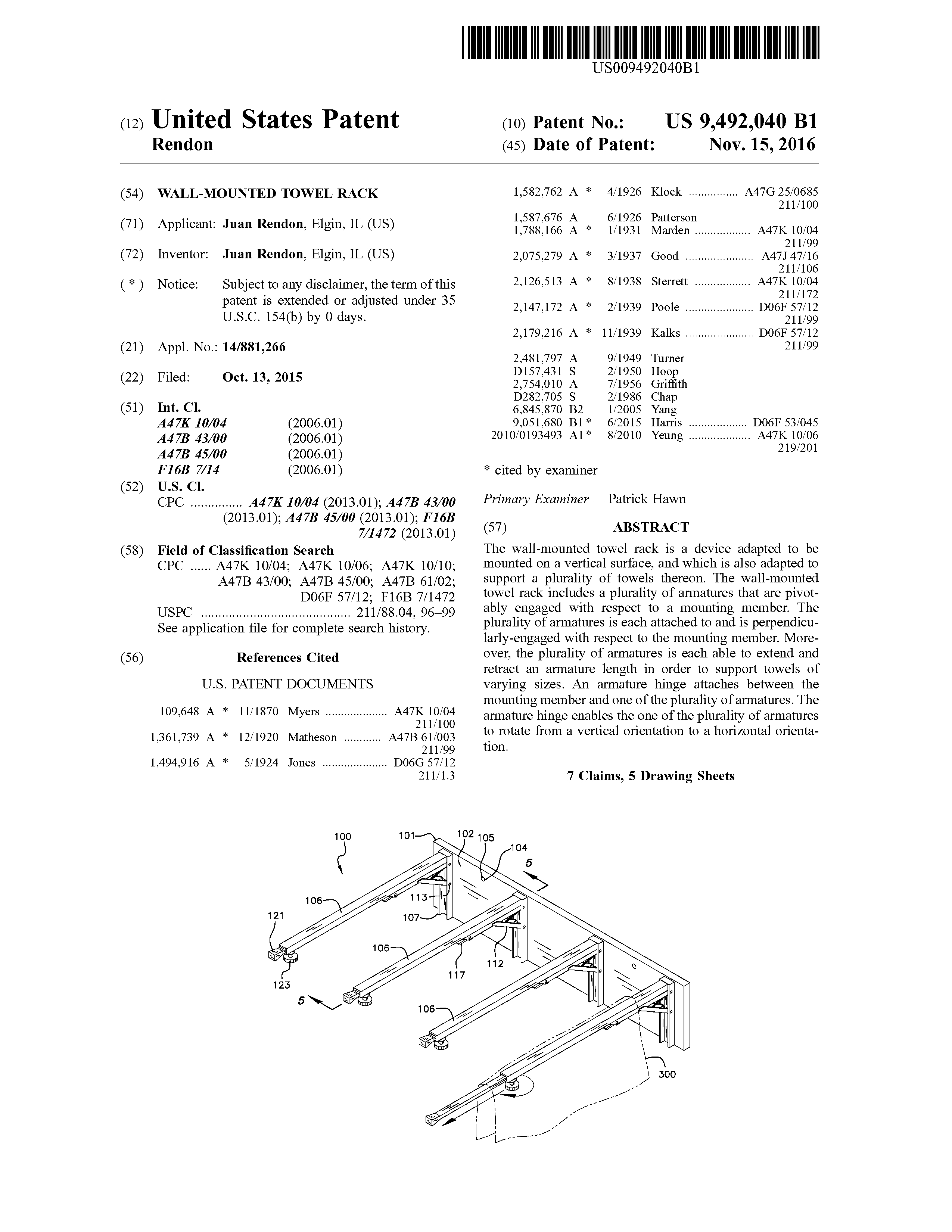 Buy the patent: Wall-mounted towel rack (Patent for sale)